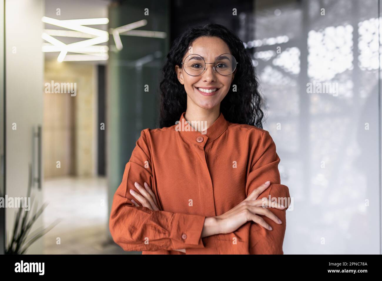 Portrait of happy and successful business woman, boss in shirt smiling ...