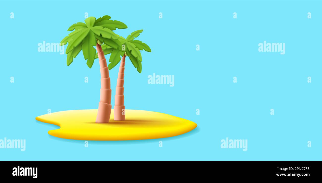 Tropical island, 3d vector of two plams on piece of land on blue modern ...