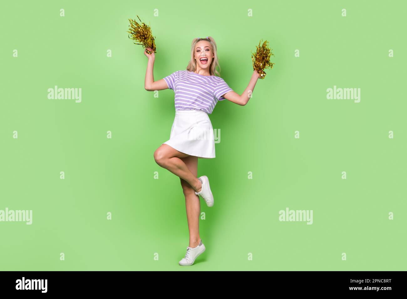 Full length photo of positive excited girl wear violet t-shirt rising ...