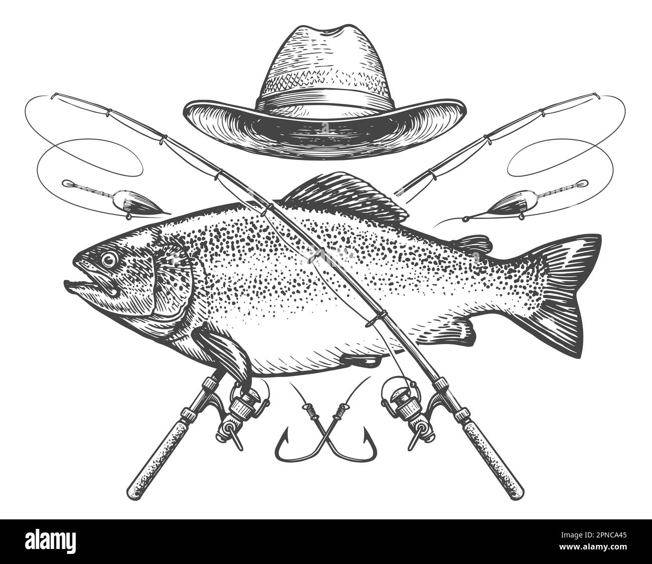Fish fishing emblem in style of old engraving. Sport fishing tournament ...