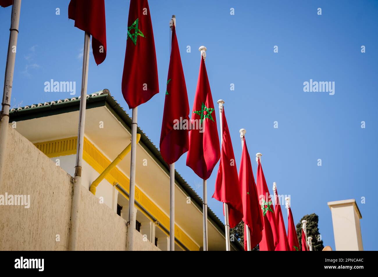 Multiple red flags of Morocco waving in the wind against blue sky ...