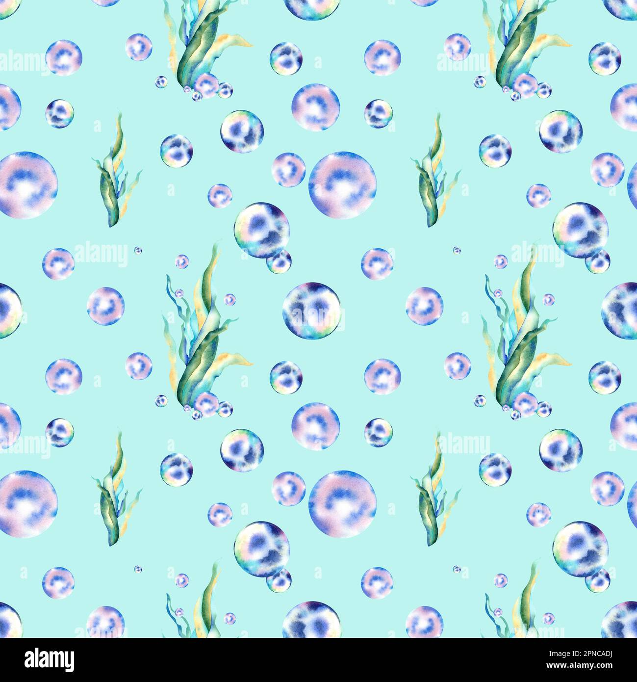 A pattern of algae and bubbles. Watercolor illustration. Collage ...