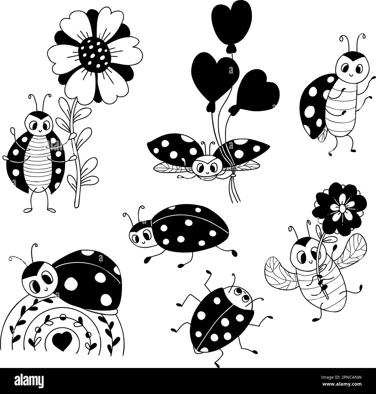 Collection cute ladybugs. Funny small insect on rainbow, with flower ...