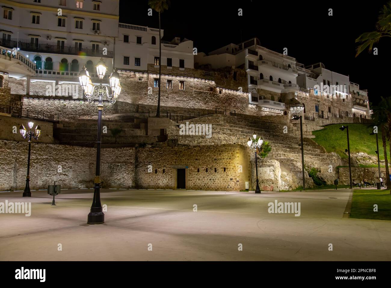 Tangier, Morocco 2022: night view of the medina centre promenade Stock ...