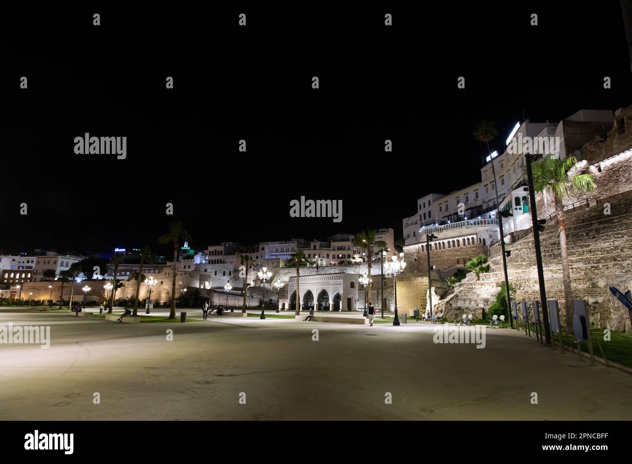 Tangier, Morocco 2022: night view of the medina centre promenade Stock ...