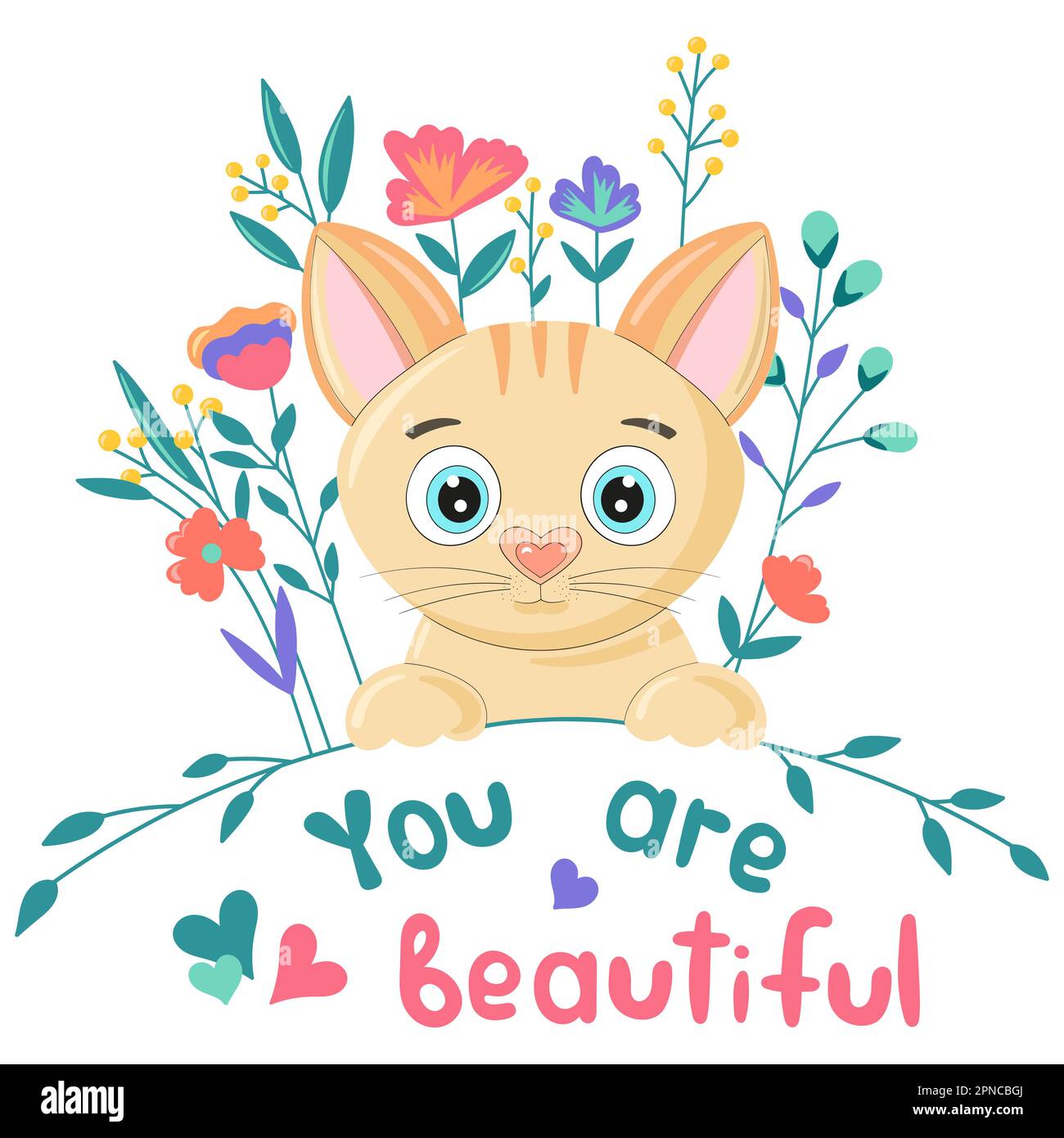 Cute cat face with flowers and the phrase you are beautiful. Fairytale ...