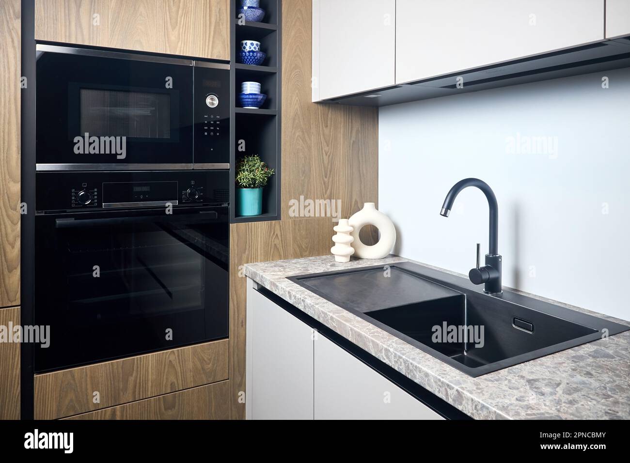 Urban rustic loft style kitchen interior in wooden facade and stoneware ...