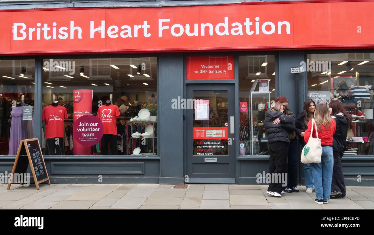 Salisbury, UK. April 12, 2023. A general view of the British Heart Foundation charity shop in ...