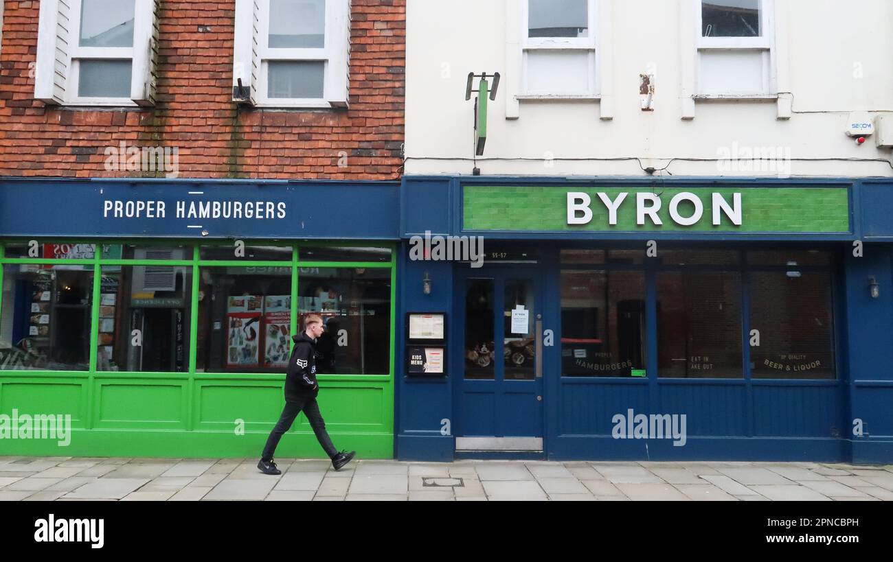 Salisbury, UK. April 12, 2023. A general view of an empty Byron Burger ...