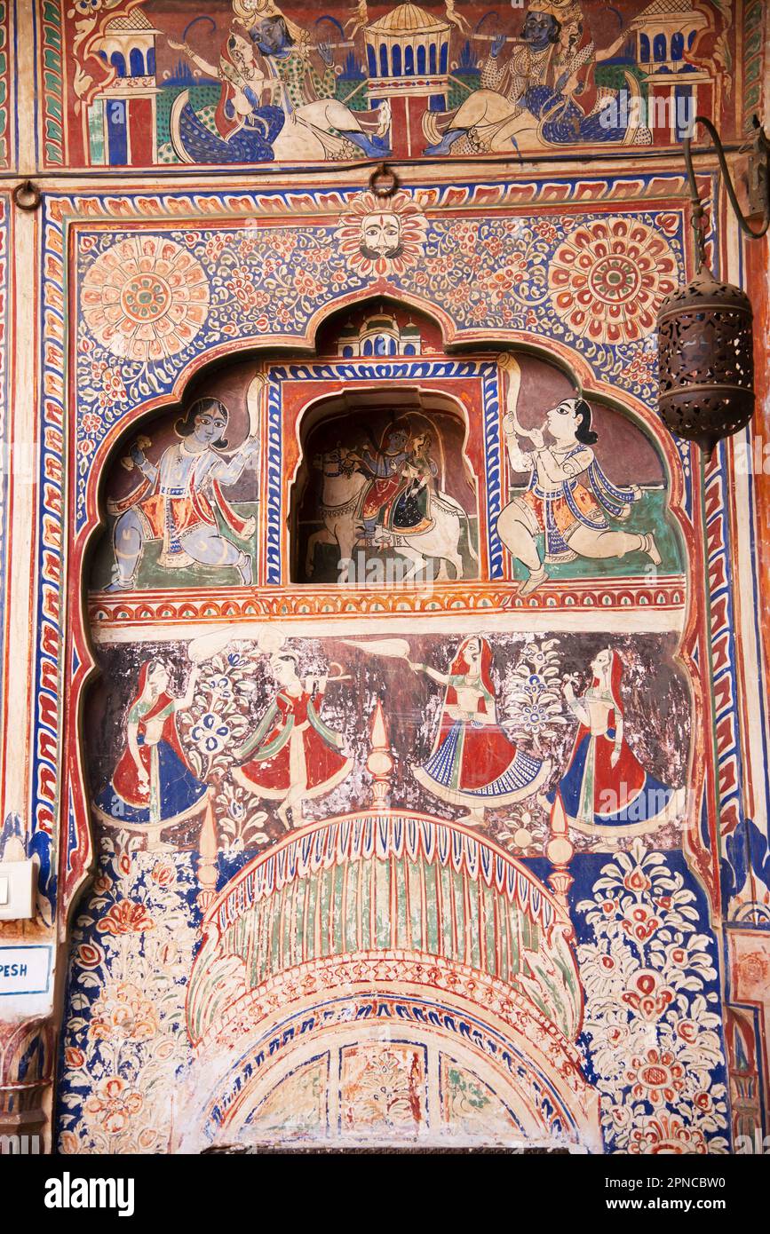 Colorful paintings on the inner wall of Mandawa haveli, Mandawa ...