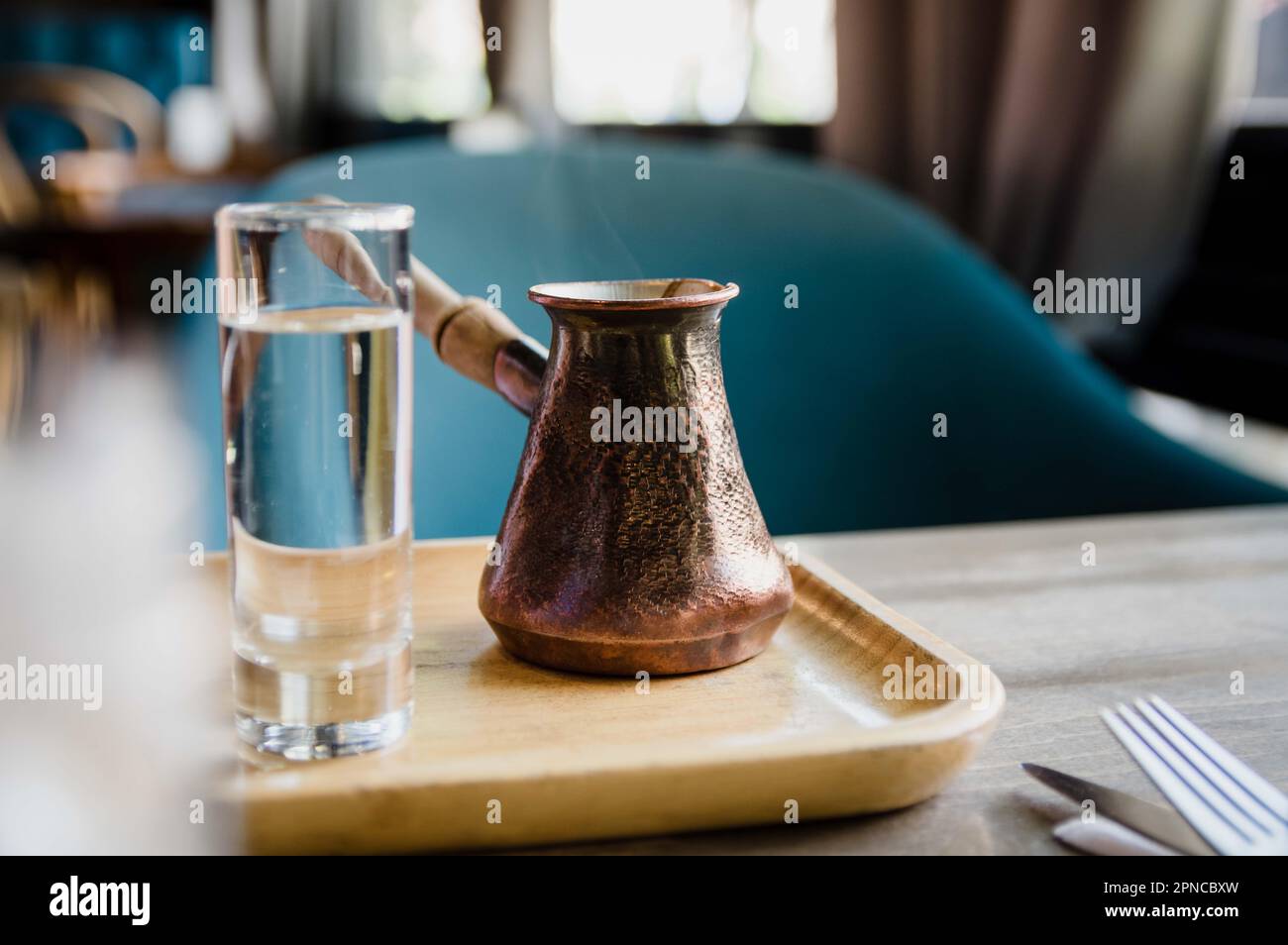 Prepared set of traditional turkish coffee drinking ceremony for ...