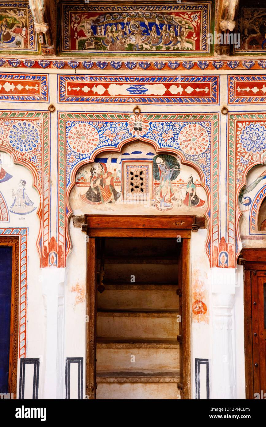 Colorful paintings on the inner wall and interiors of the Mandawa ...