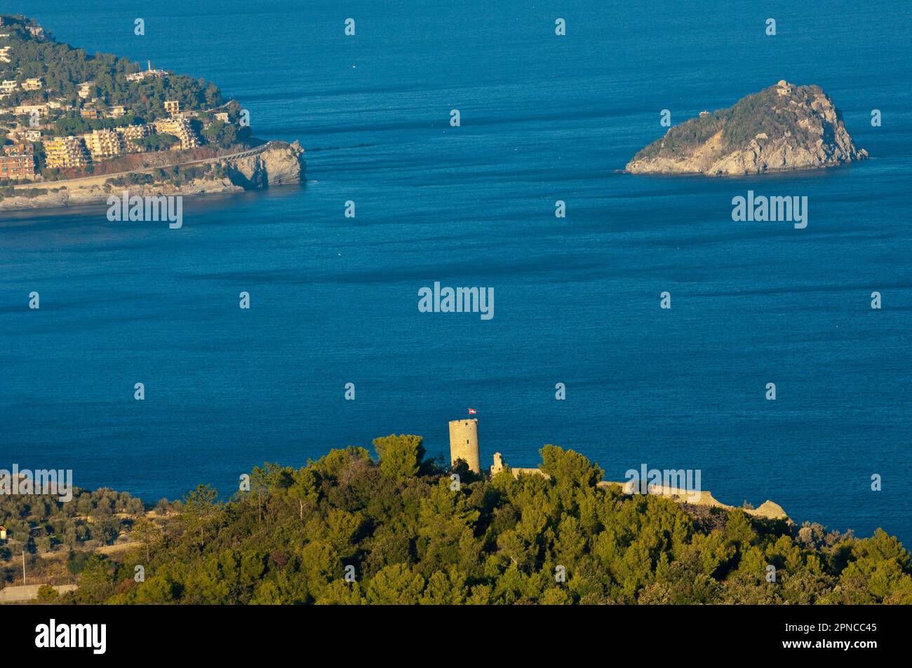 the ruins of the Castle of Monte Ursino and the island of Bergeggi ...