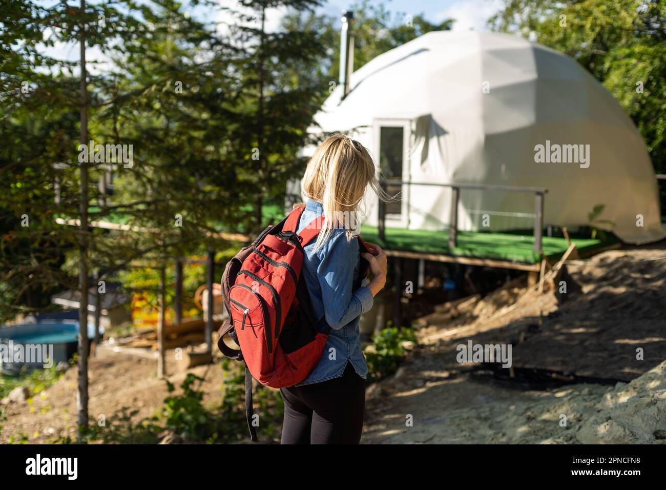 Transparent bell tent in forest, glamping hotel, luxury travel ...