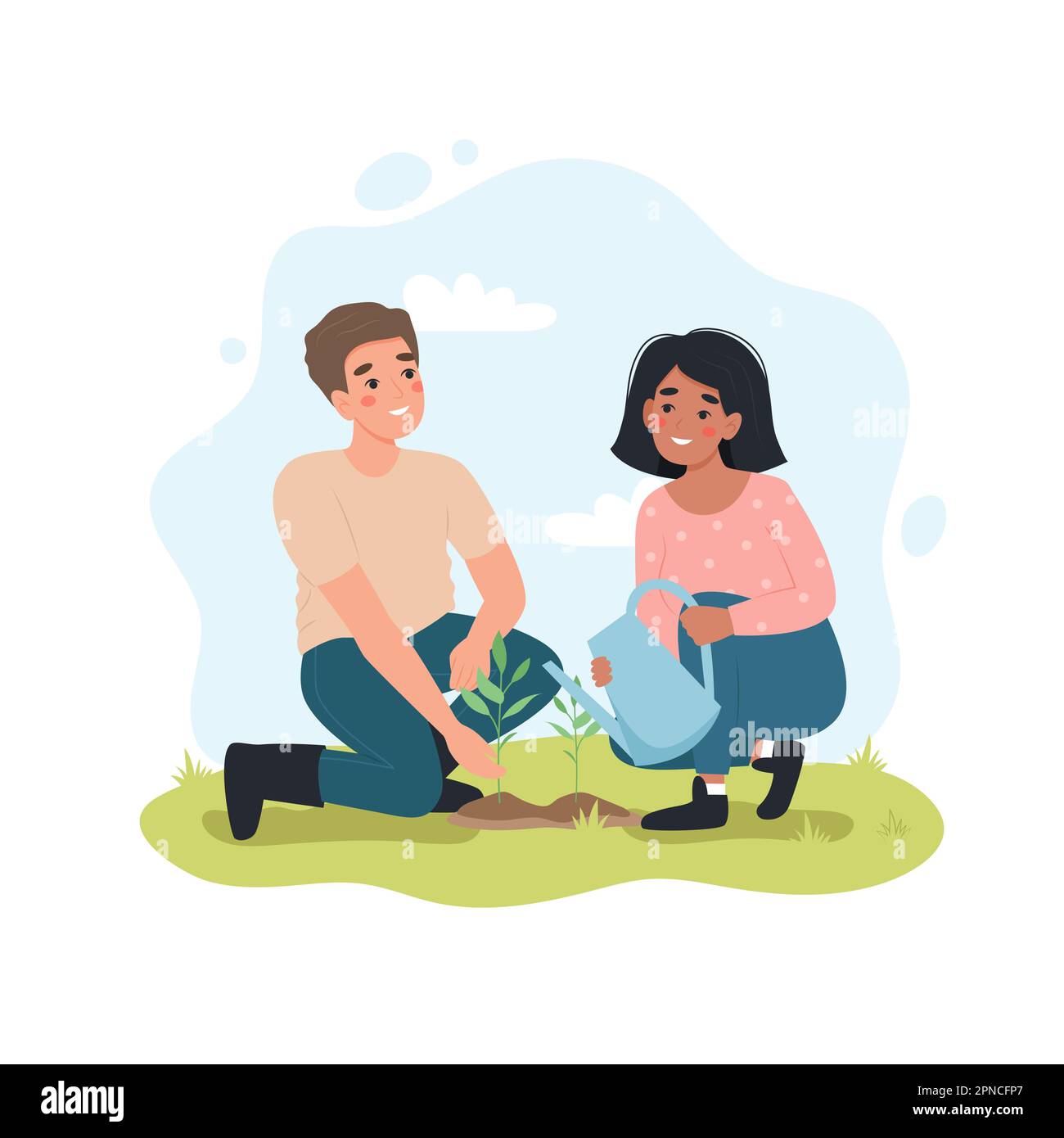 Couple gardening together. Man and Woman planting and watering plants ...