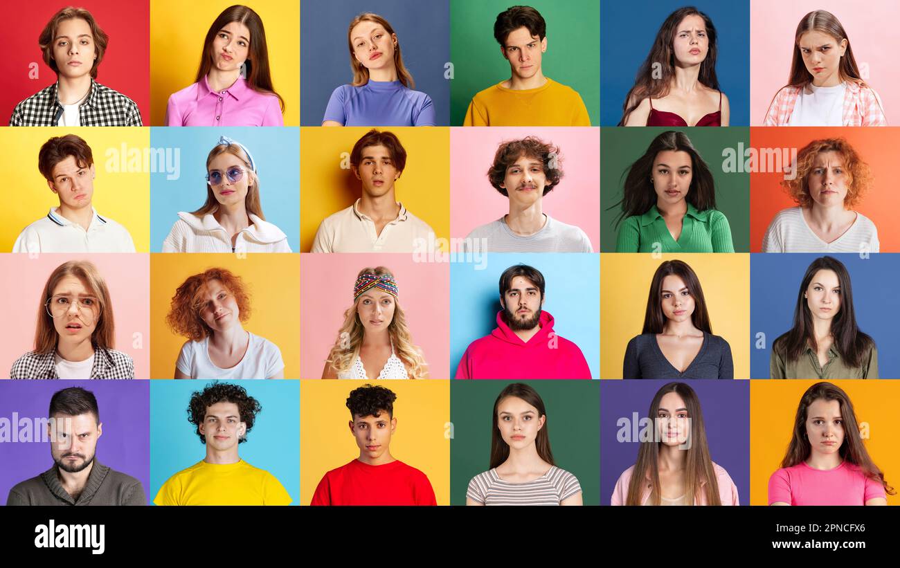 Human emotions. Collage of diverse people, men and women expressing ...