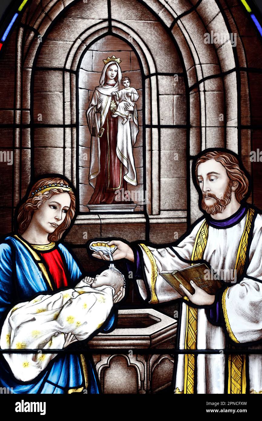 Song Vinh Church. Stained glass. Baptism of a child by affusion ...