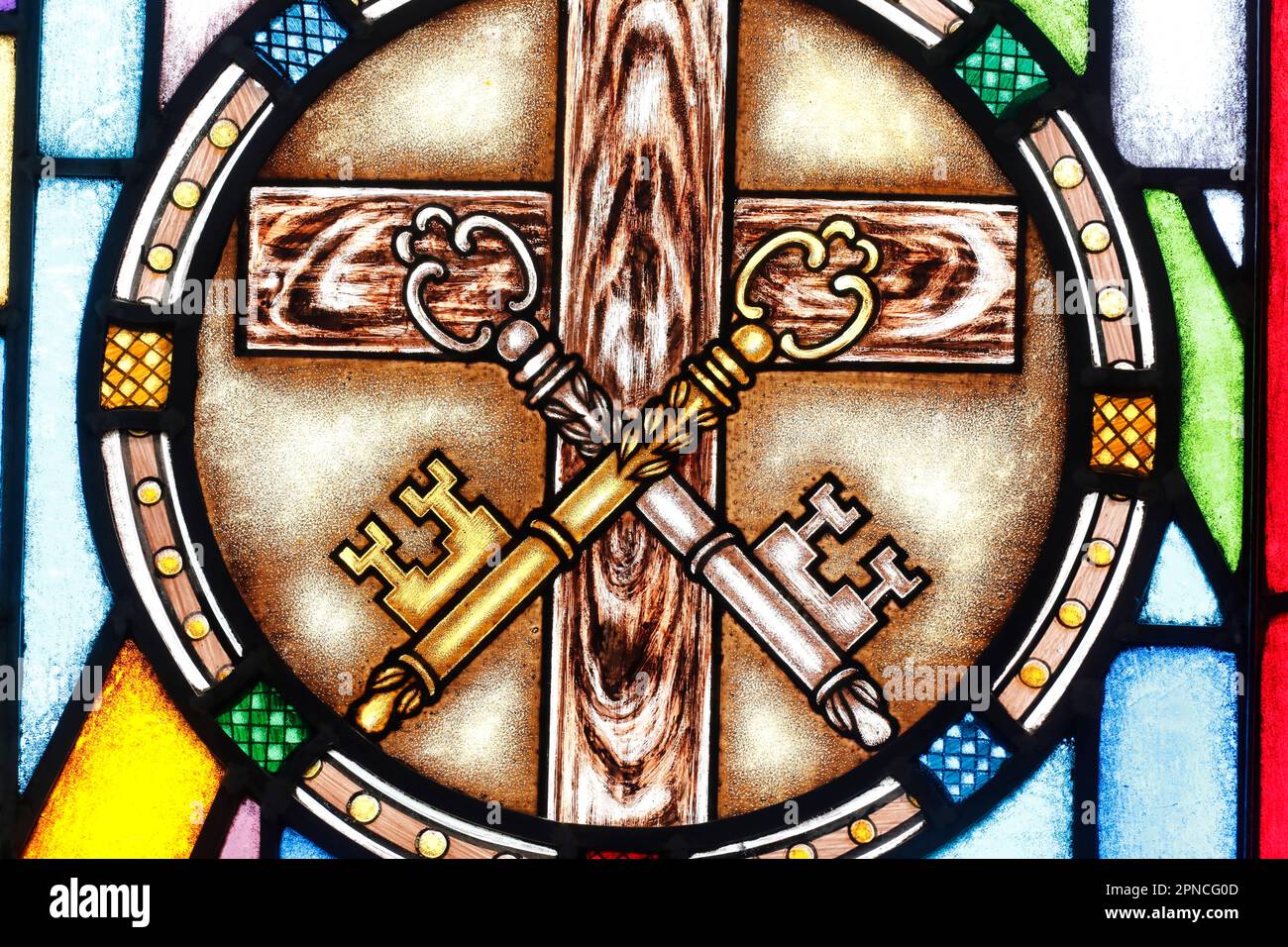 Song Vinh Church. Stained glass. A cross and two keys, the symbol of ...