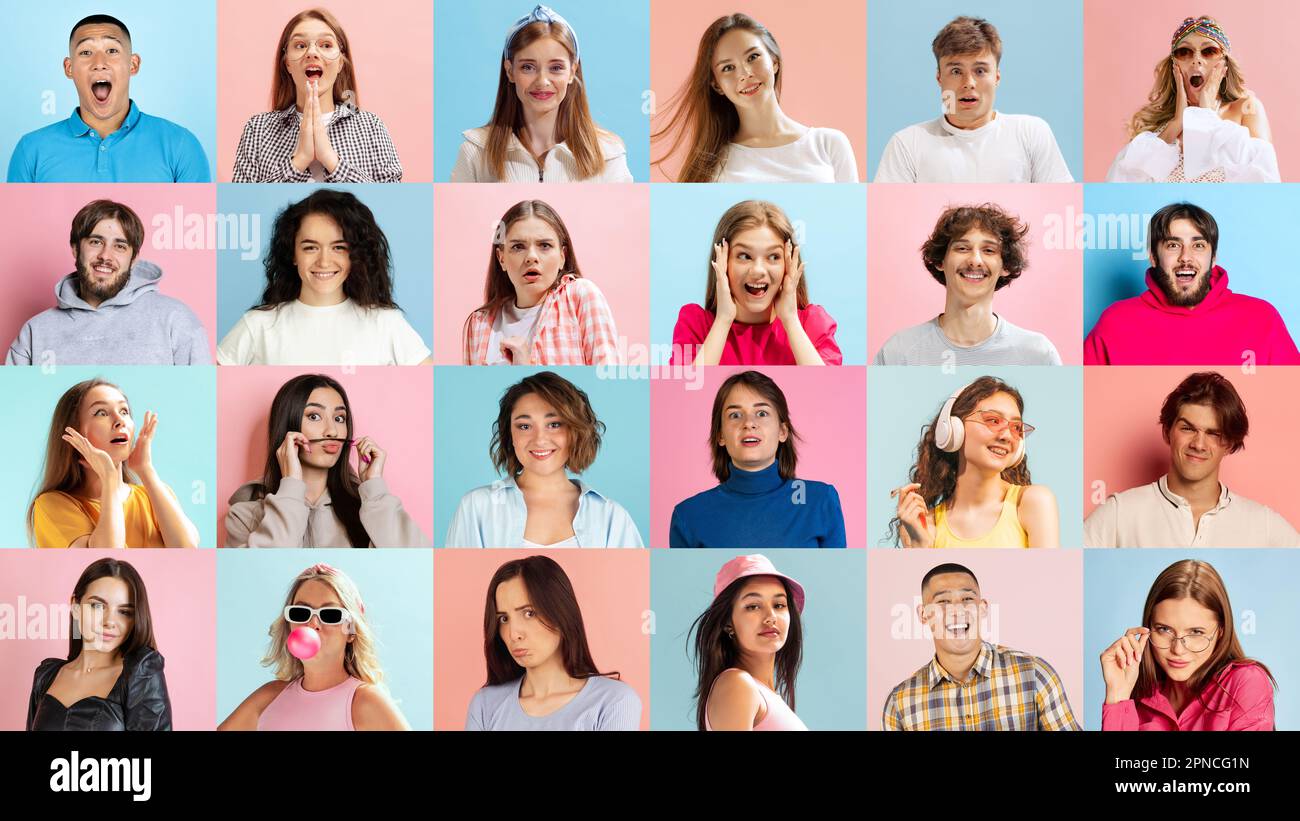 Human emotions. Collage of diverse people, men and women expressing ...