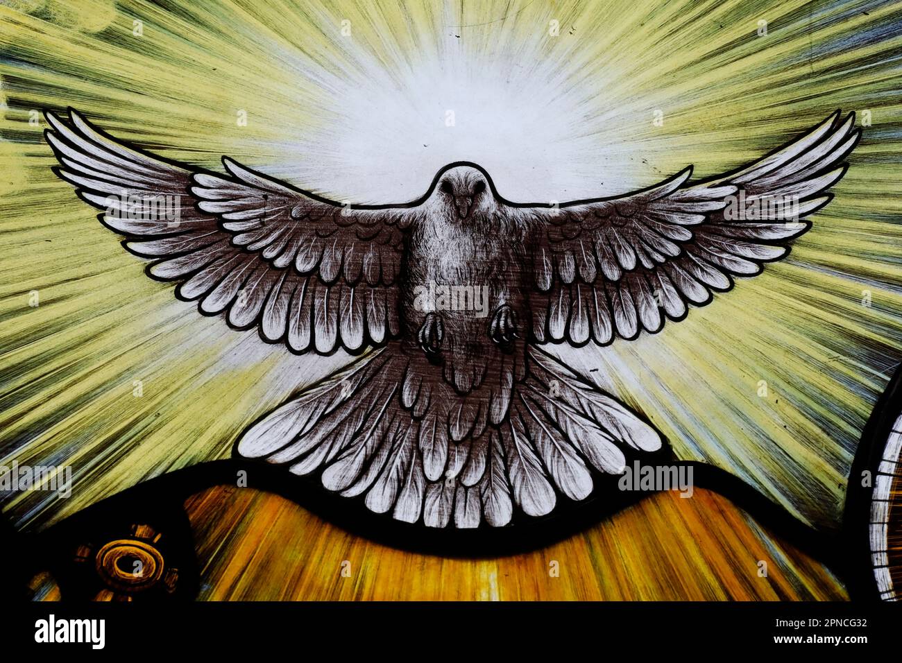 Song Vinh Church. Stained glass. A white dove representing the Holy ...