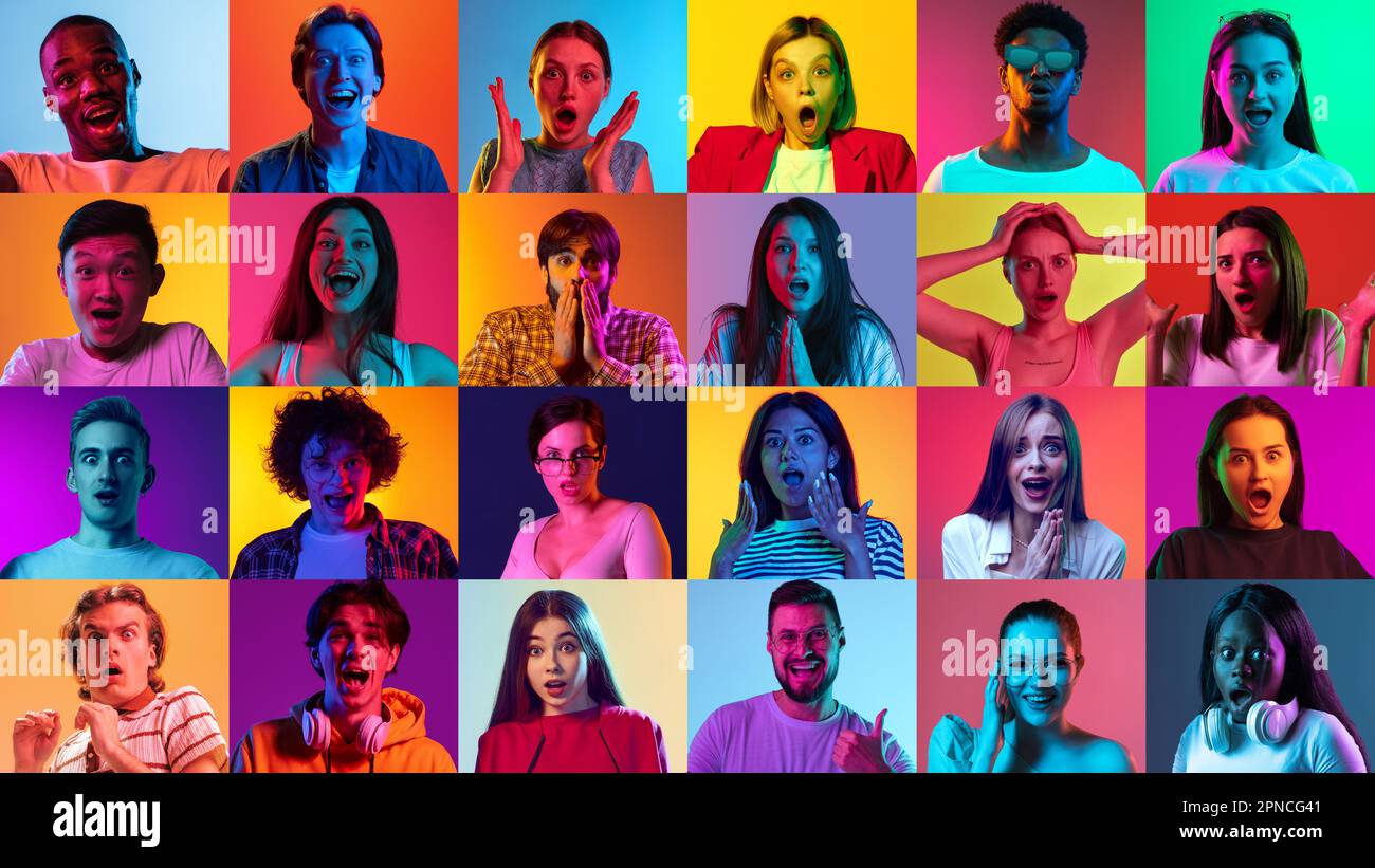 Collage of diverse people, men and women expressing different emotions ...