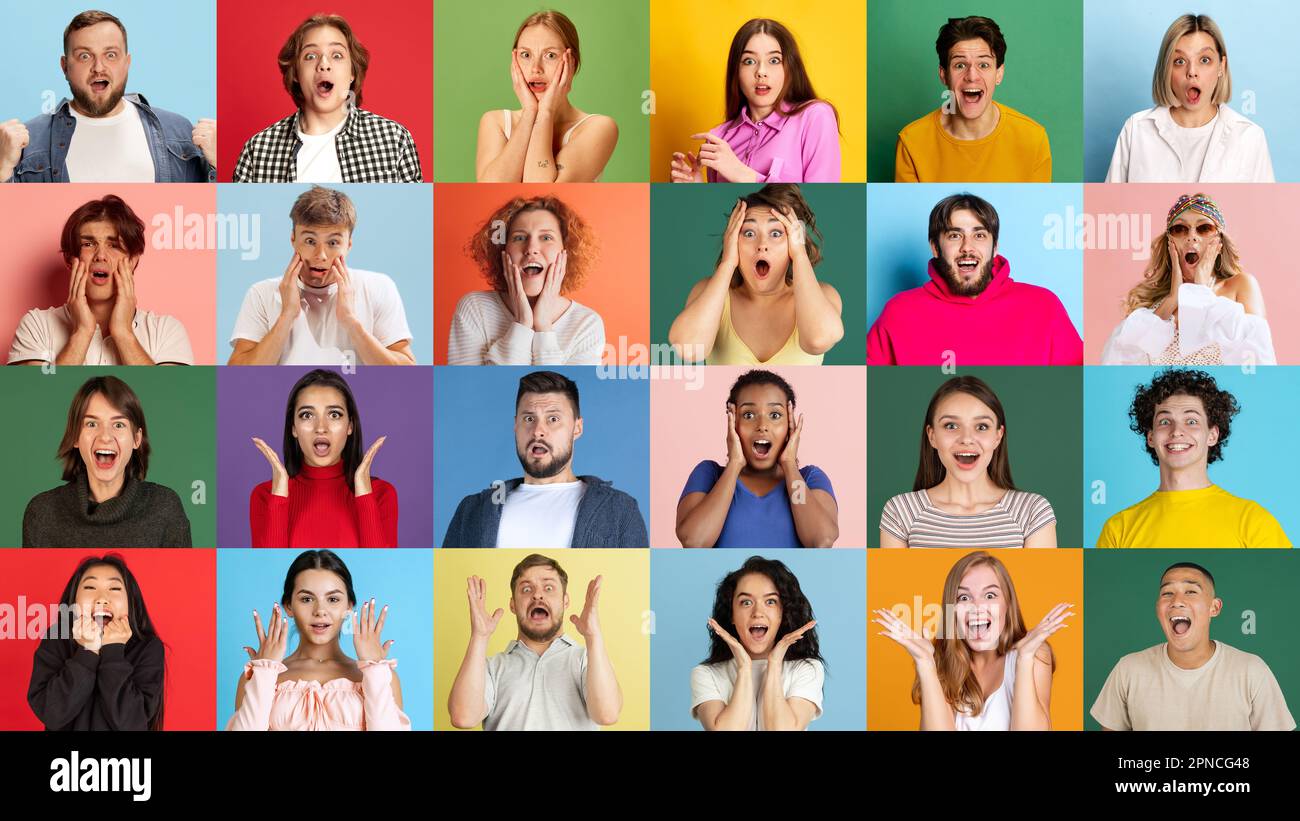 Human emotions. Collage of diverse people, men and women expressing ...
