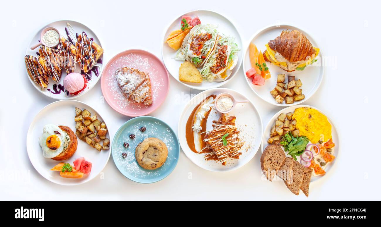 Fancy Breakfast table top angle with variety of dishes Stock Photo - Alamy