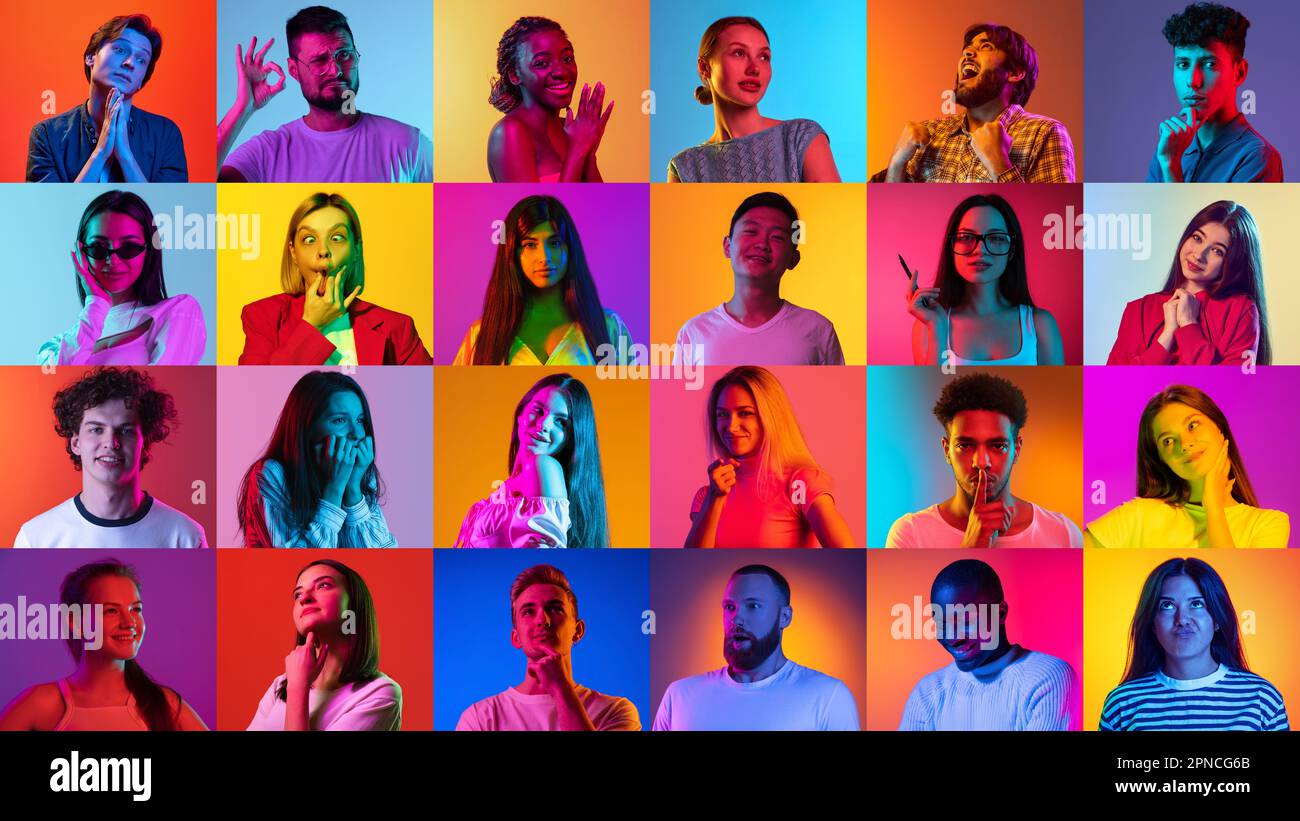 Collage of large group of ethnically diverse pensive, doubtful people ...