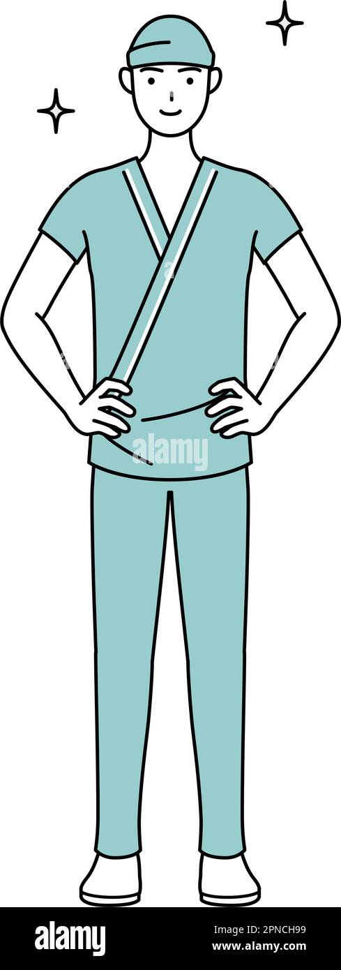 Male admitted patient in hospital gown with his hands on his hips ...