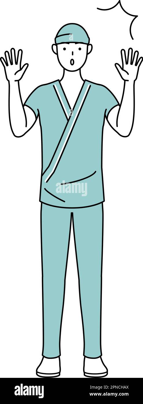 Male admitted patient in hospital gown raising his hand in surprise ...