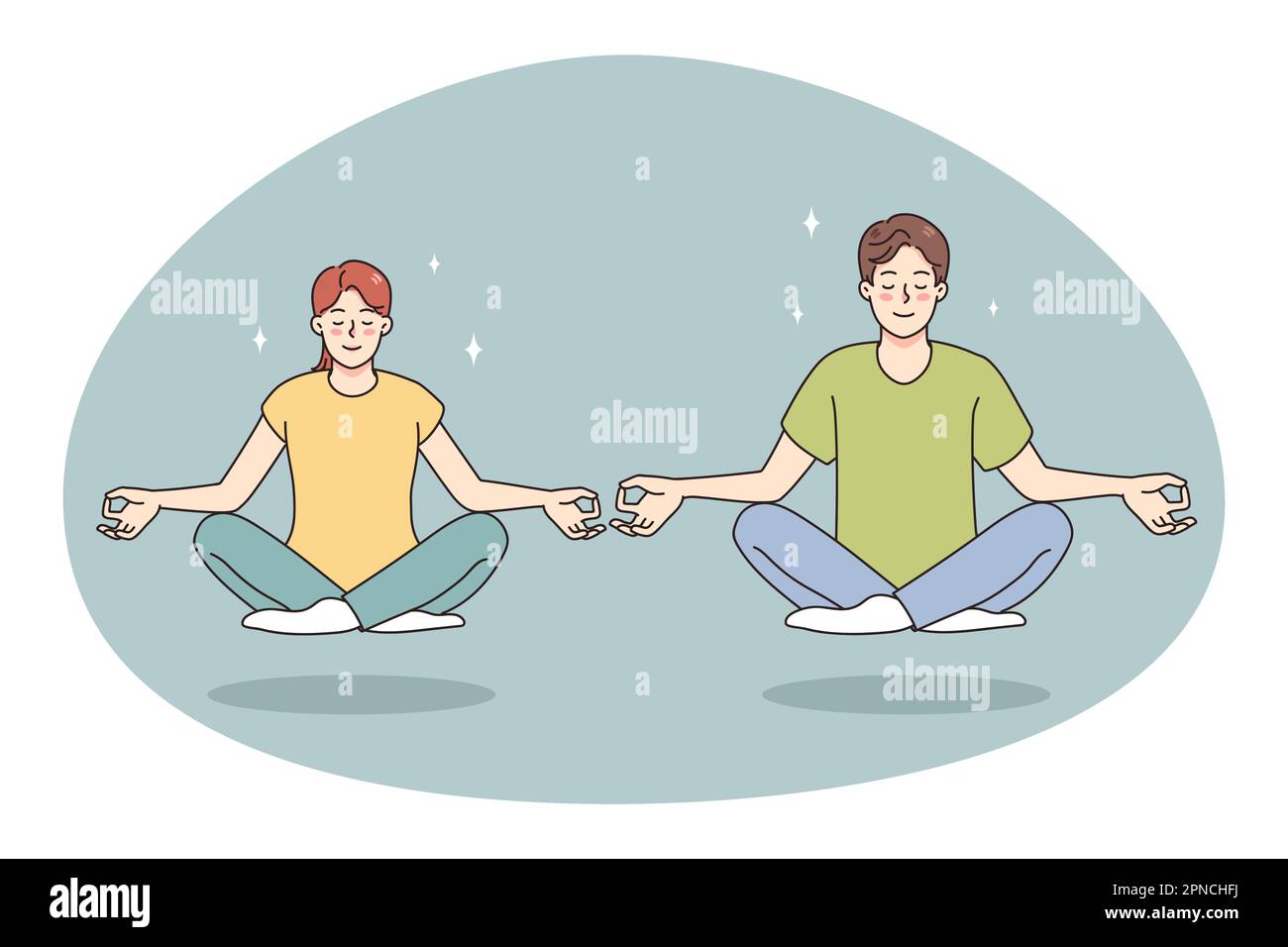 Calm man and woman with mudra hands meditate in lotus position clear ...