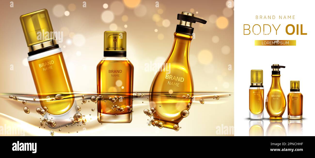 Body oil cosmetics bottles mockup banner. Beauty cosmetic product line ...