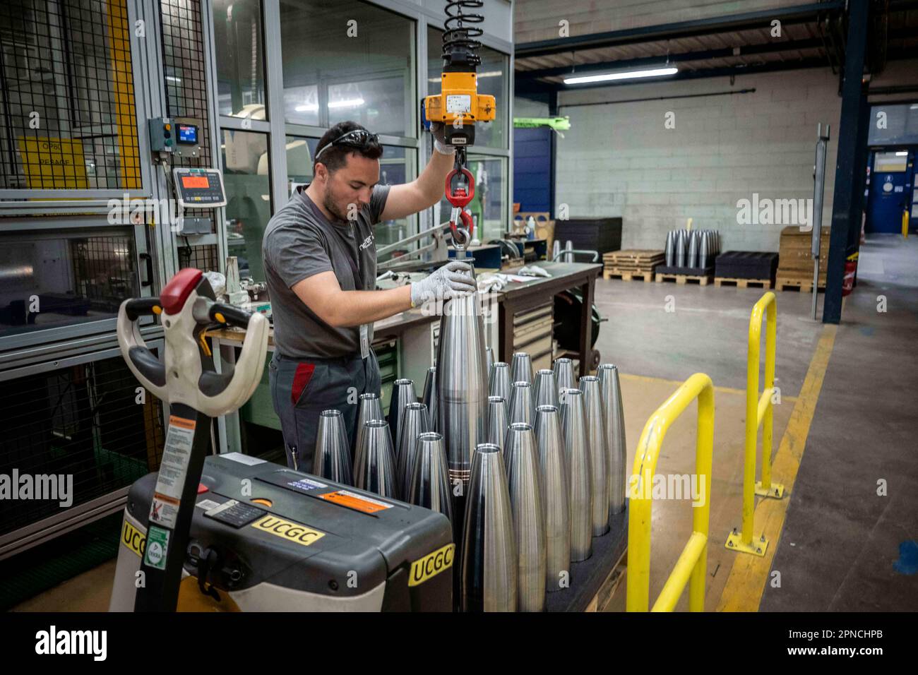 This photograph shows a 155 shell for Cesar gun being manufactured inside the Nexter Arrowtech ...