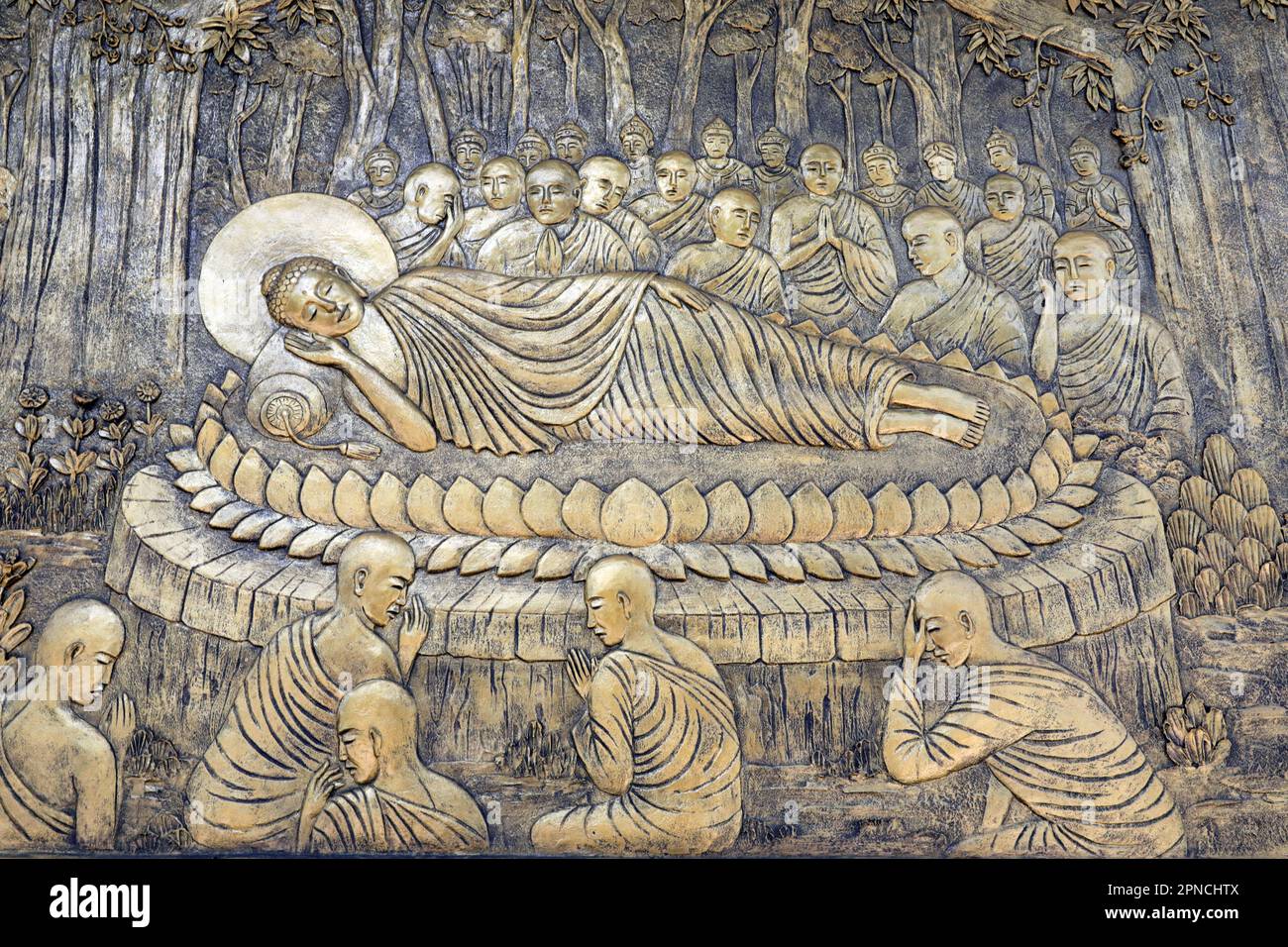 Tinh Xa Ngoc Chau pagoda. Life of Buddha, Siddhartha Gautama. Reclining ...