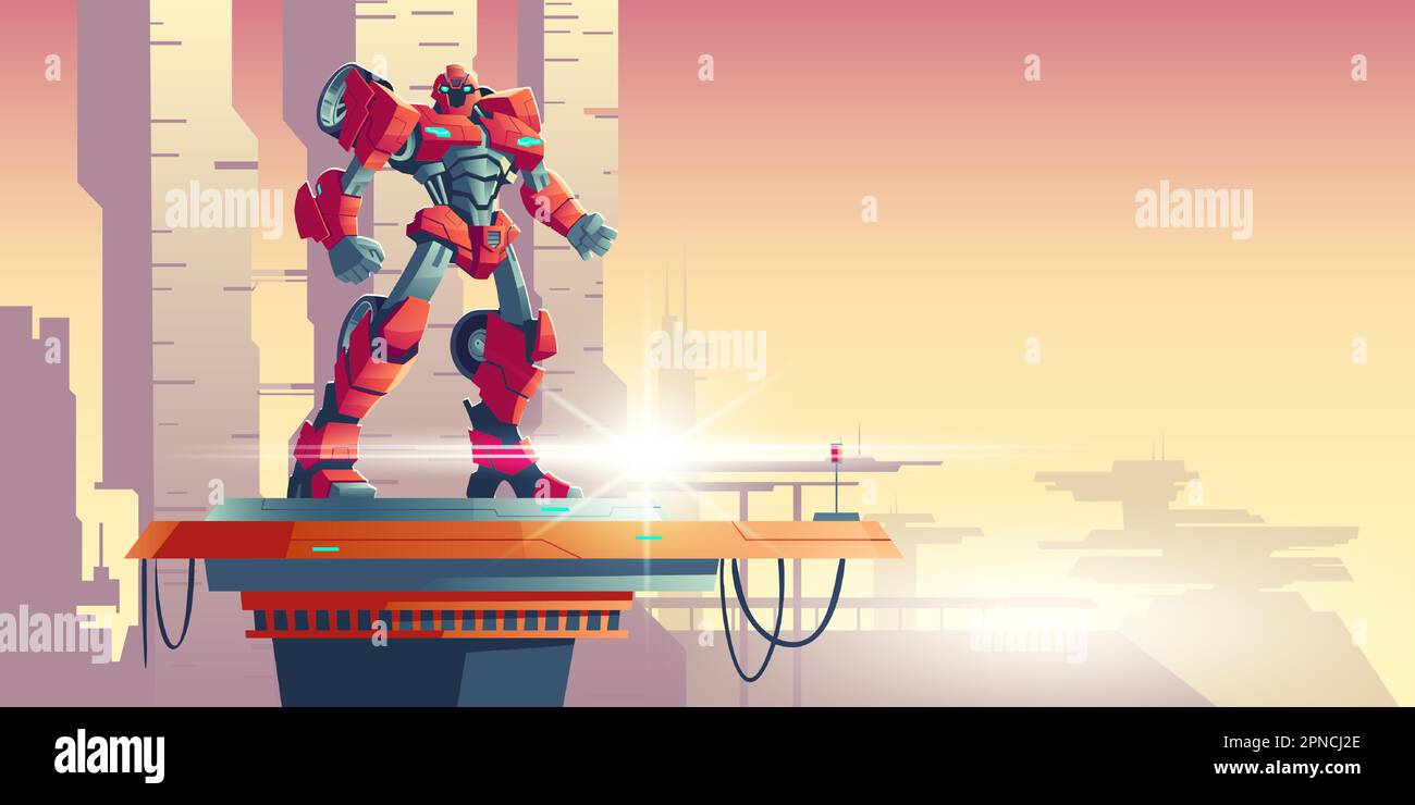 Red robot transformer standing on spaceship top against futuristic ...