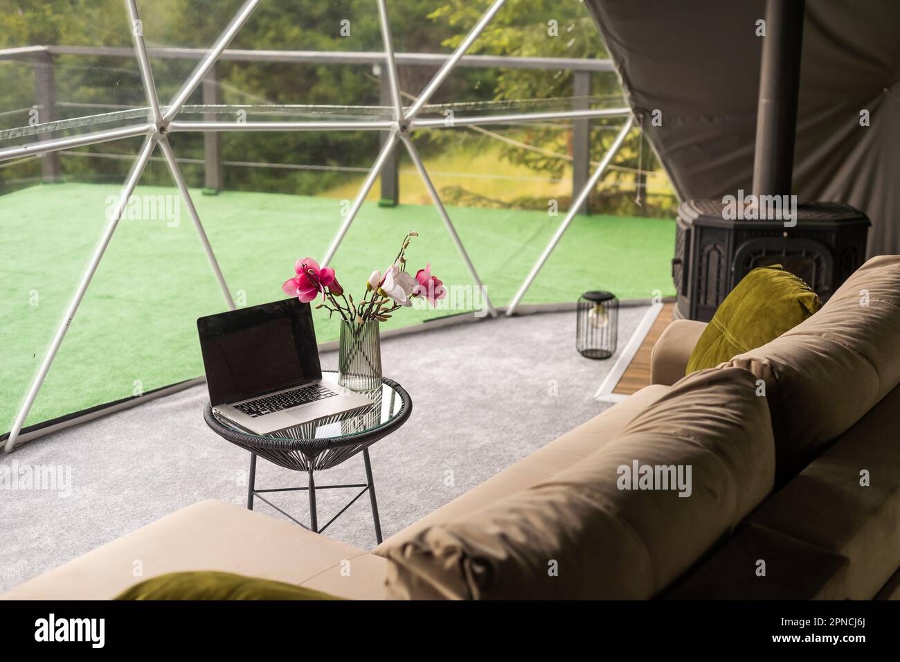 laptop in the dome camping, hygge, lifestyle concept Stock Photo - Alamy