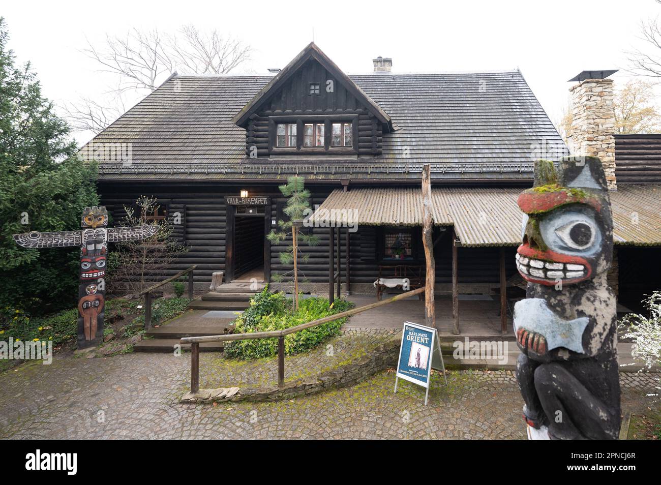 Radebeul, Germany. 18th Apr, 2023. Totem poles stand in front of the ...