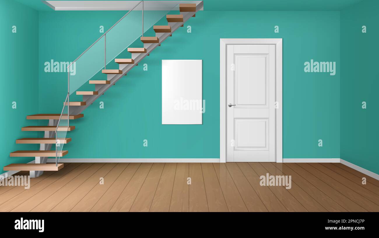 Empty room with staircase and white closed door. Vector realistic ...