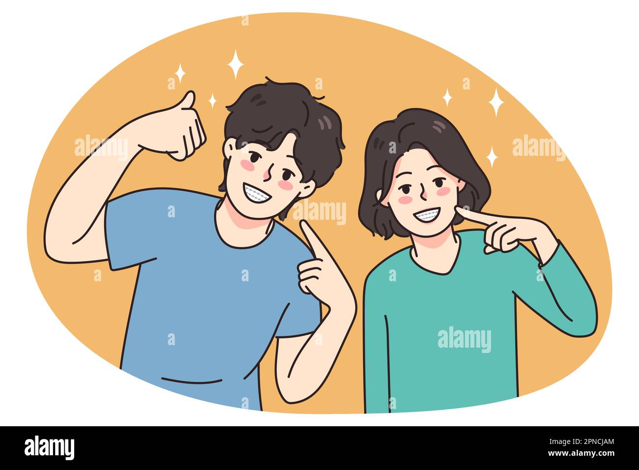 Happy children point at teeth wear braces system for healthy even smile ...