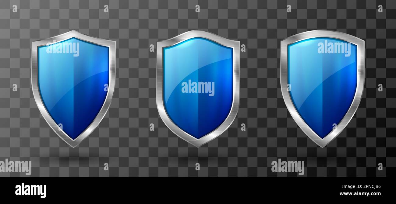 Blue shield metal frame realistic vector illustration. Blank blue glass ...