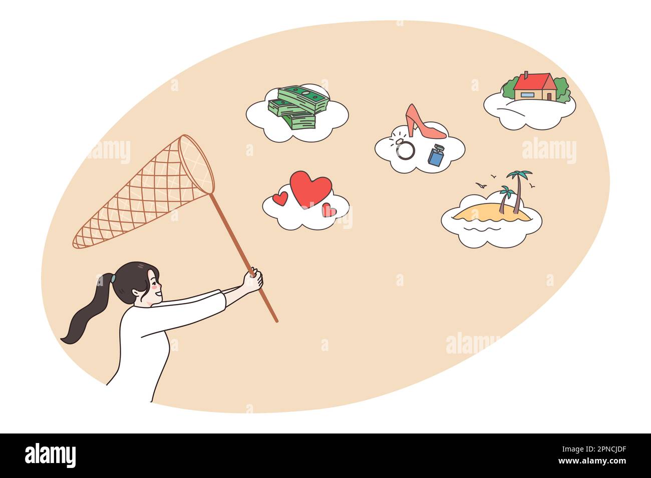 Motivated young woman with net strive for goals achievement. Happy girl ...