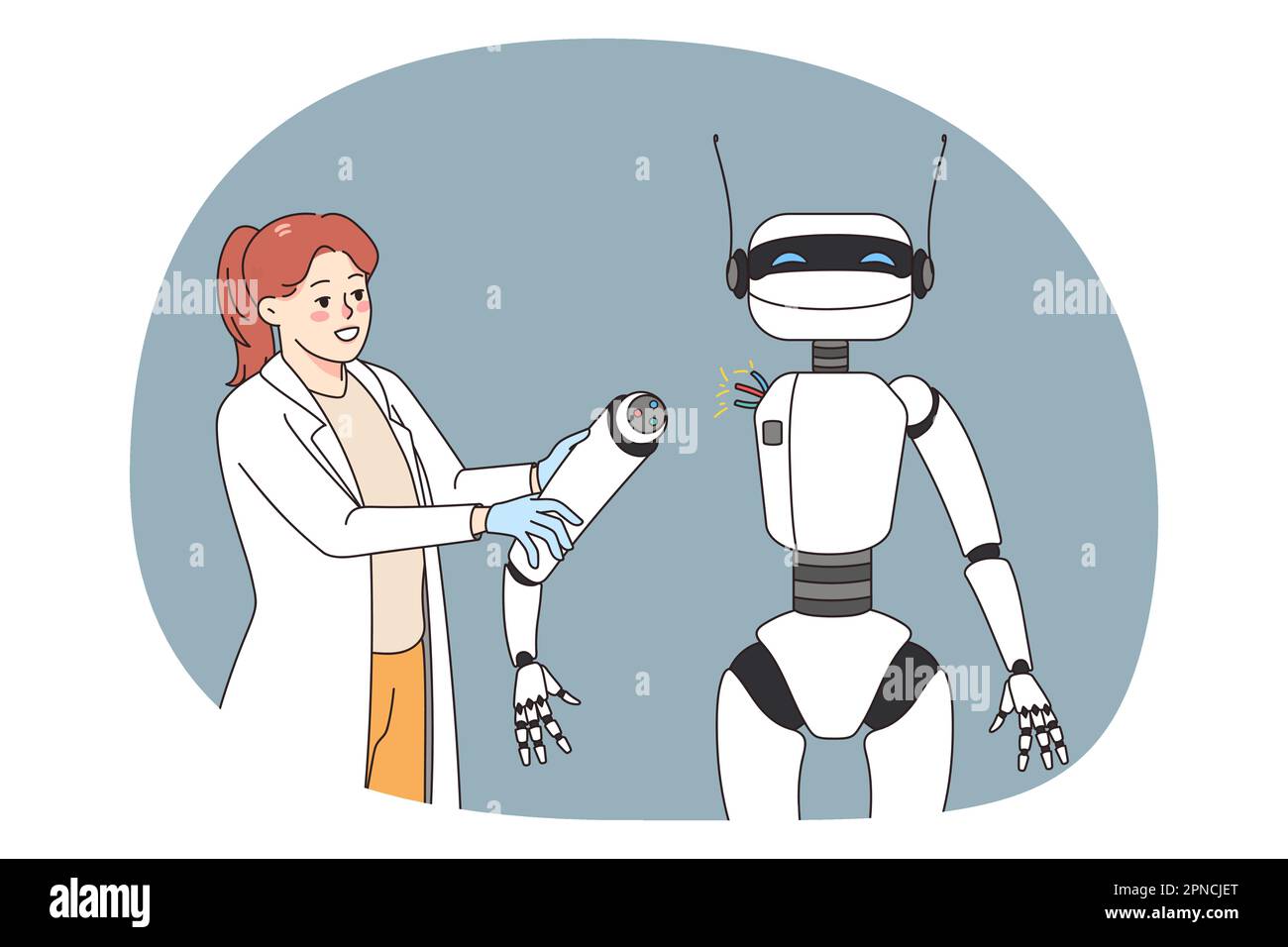 Smiling woman researcher connect hand to robot study programming. Happy ...