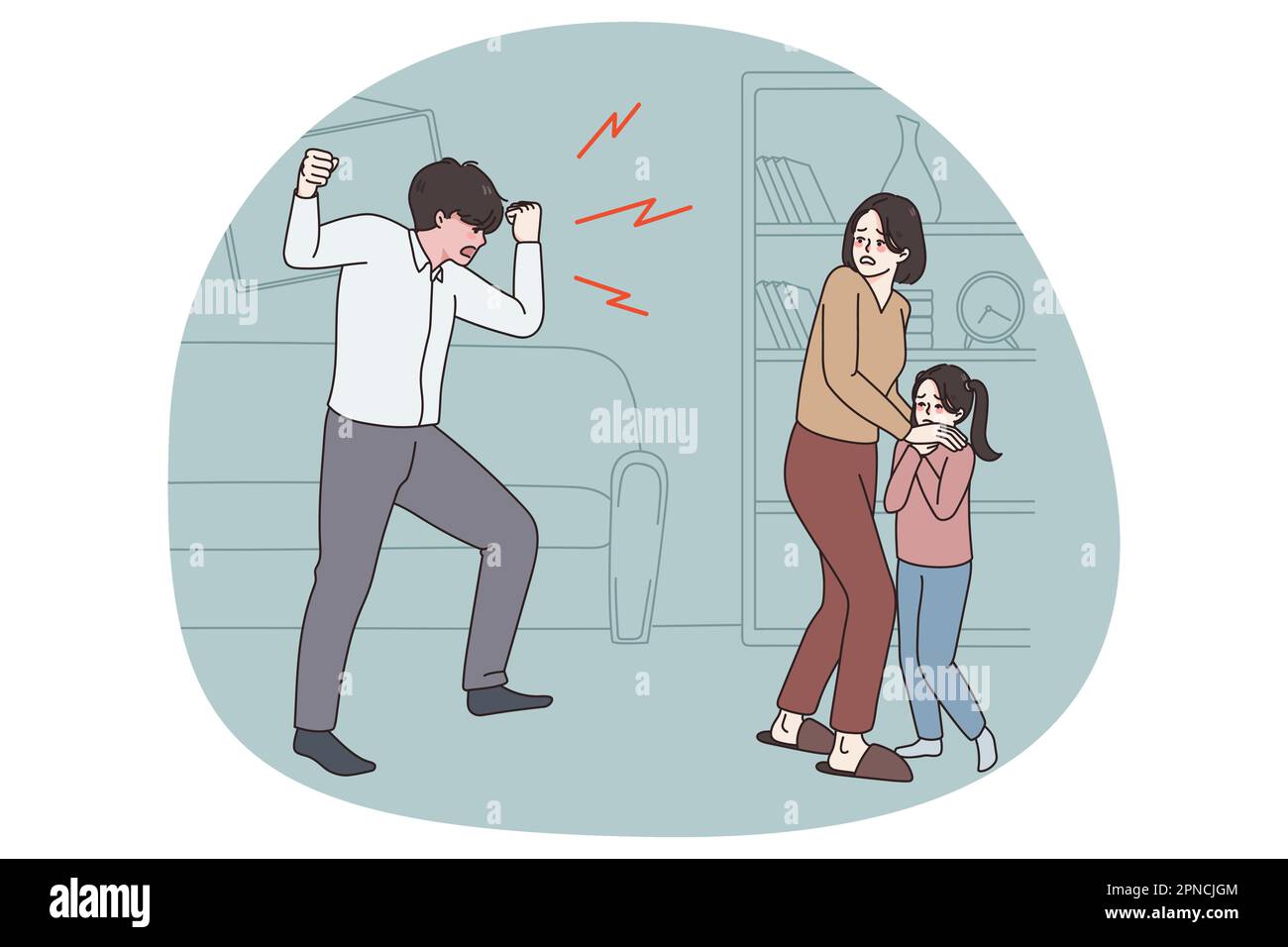 Furious father cream yell at wife and child at home. Scared terrified woman and kid frightened ...