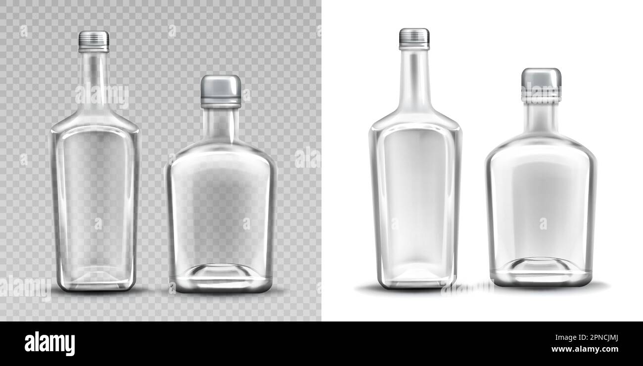 Two empty glass bottles for alcohol. Vector set of realistic clear whiskey, gin, tequila or ...