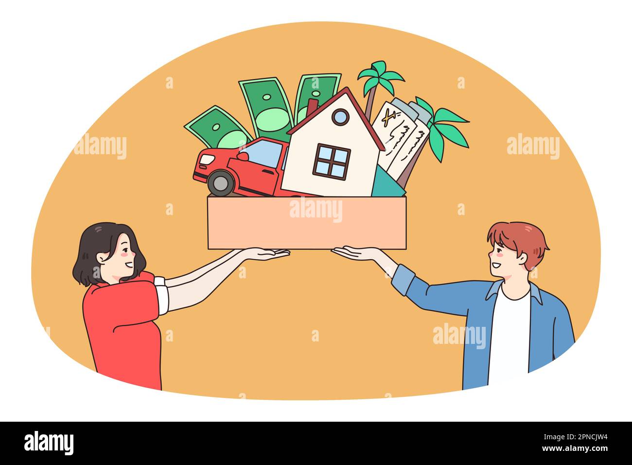 Happy man and woman dream of family goal achievement. Smiling couple ...