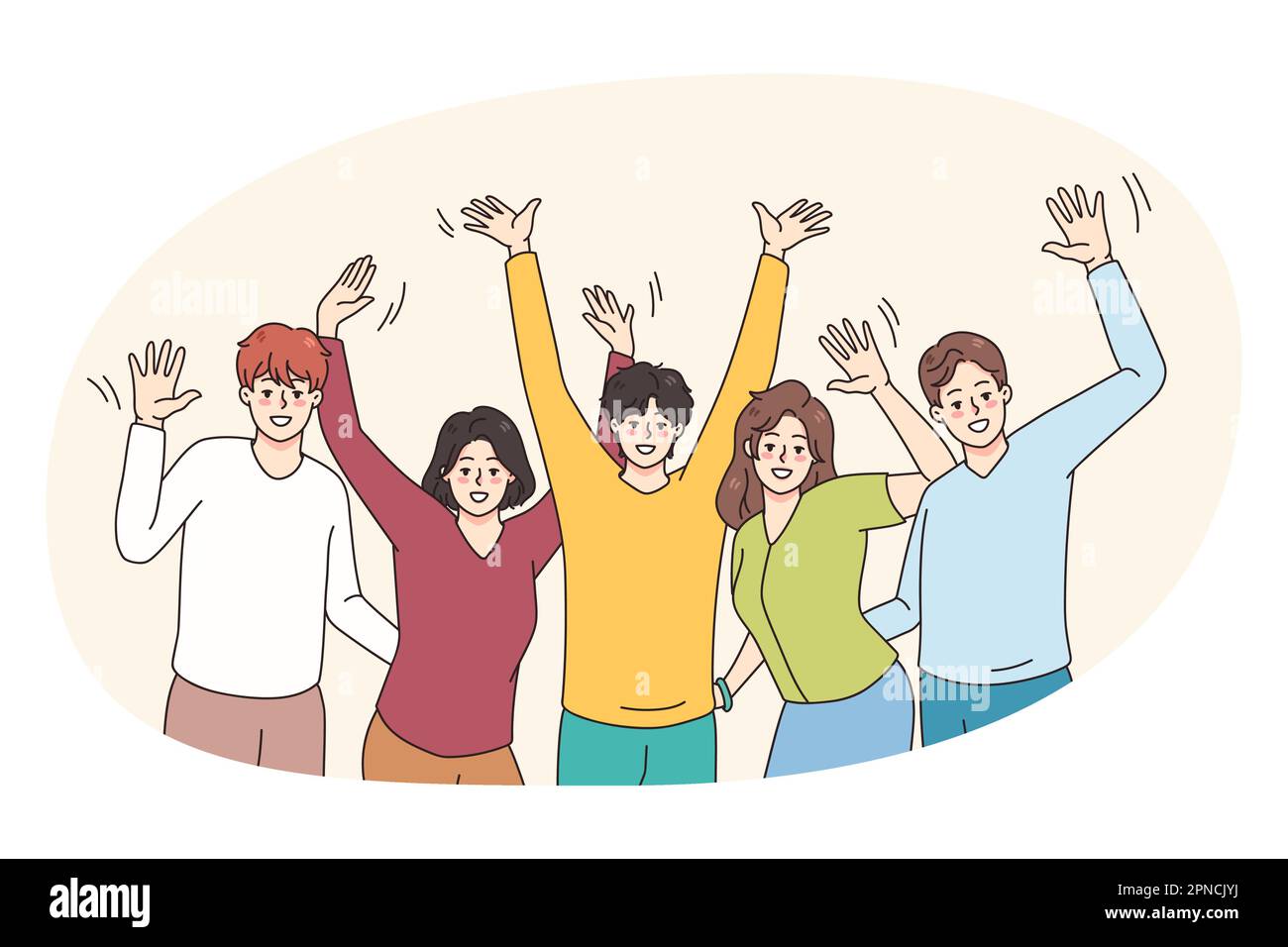 Happy young people raise hands paving having fun together. Smiling ...