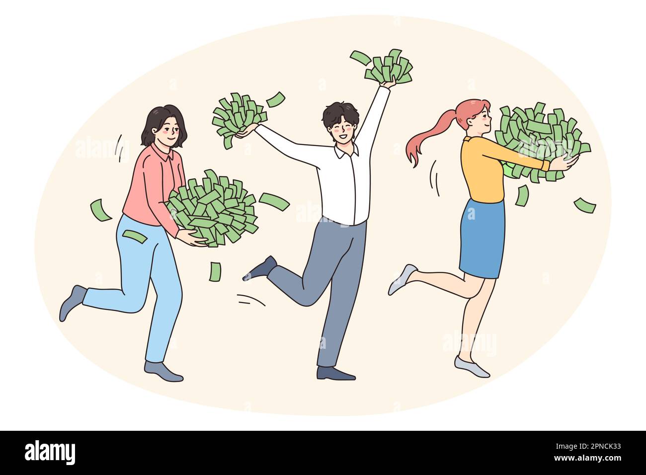 Overjoyed people with piles of money feel joyful with lottery win or ...