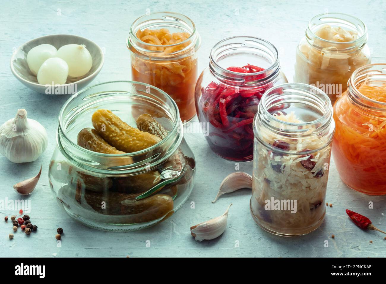 Fermented food. Homemade vegetable preserves. Sauerkraut, pickles ...