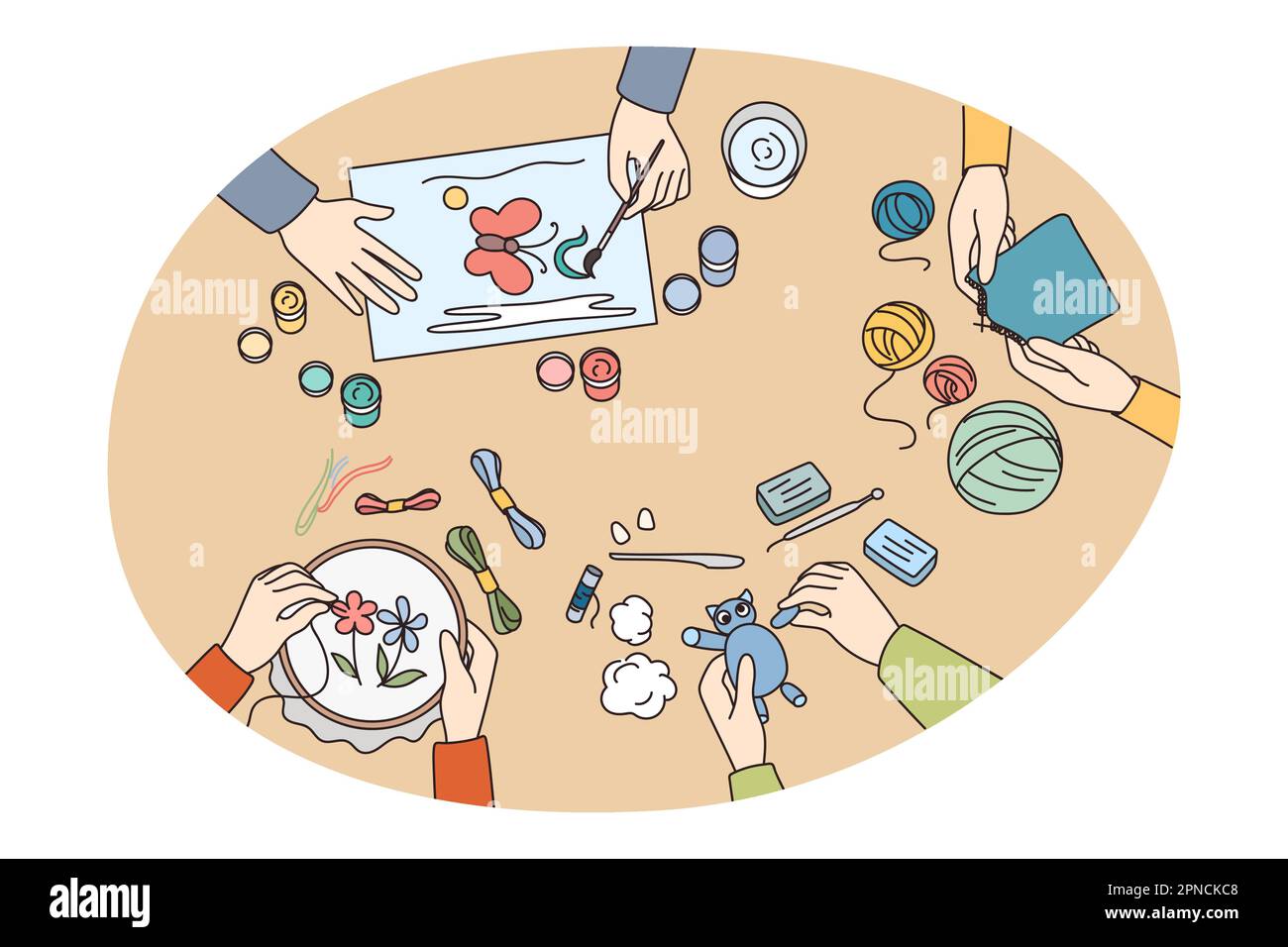 Top view of children drawing, embroidery or knitting class. Kids ...