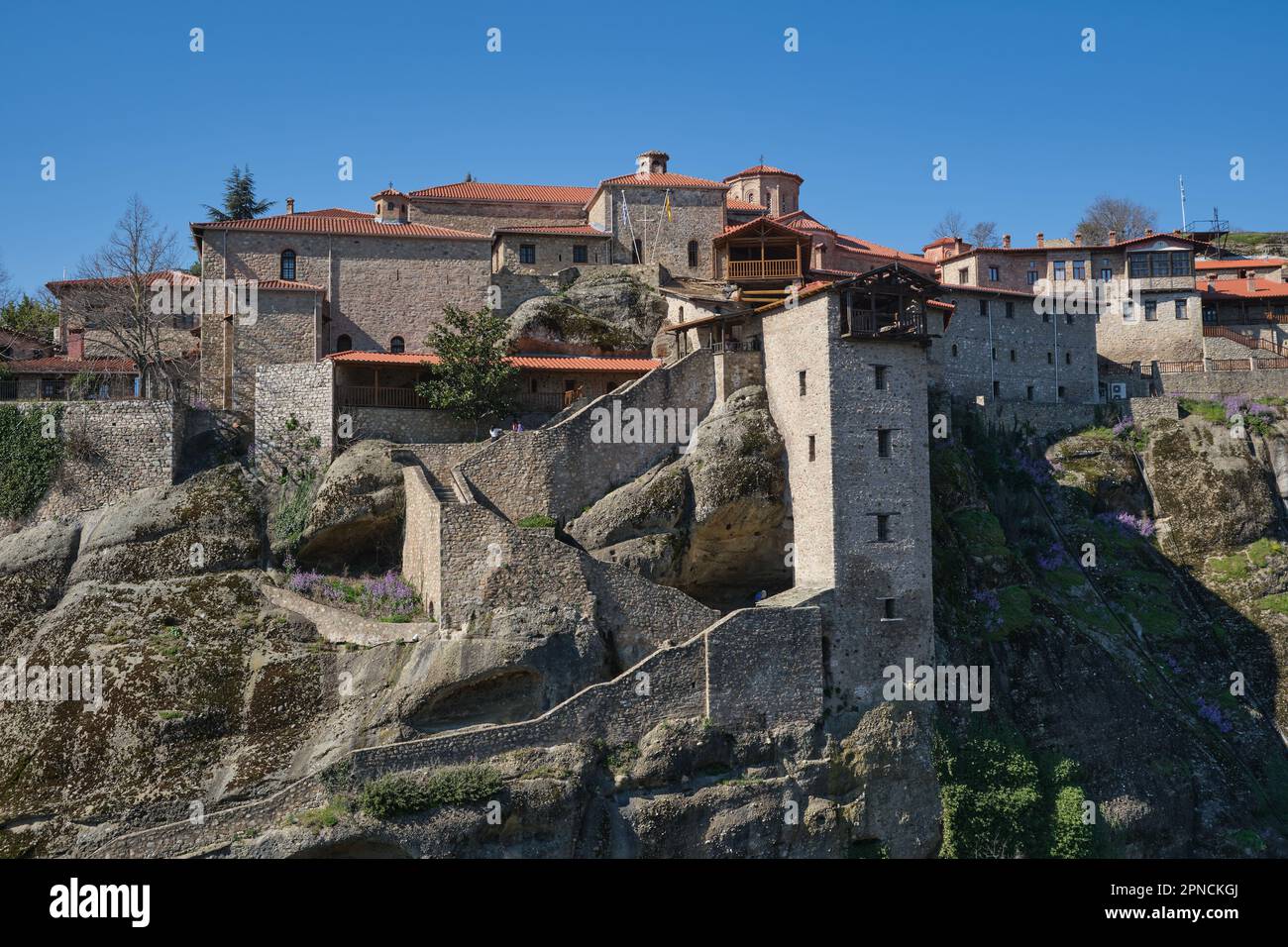 View of the Monastery of Great Meteoron at sunrise in Spring, Meteora ...